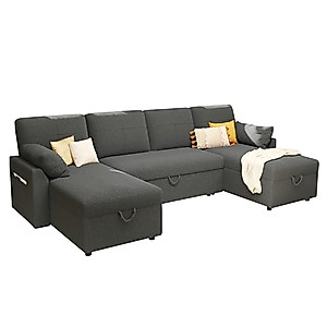 VanAcc Sleeper Sofa, 110 inch Oversize - 2 in 1 Pull Out Bed, Sectional Sleeper Sofa with Double Storage Chaise for Living Room, Grey Linen Couch