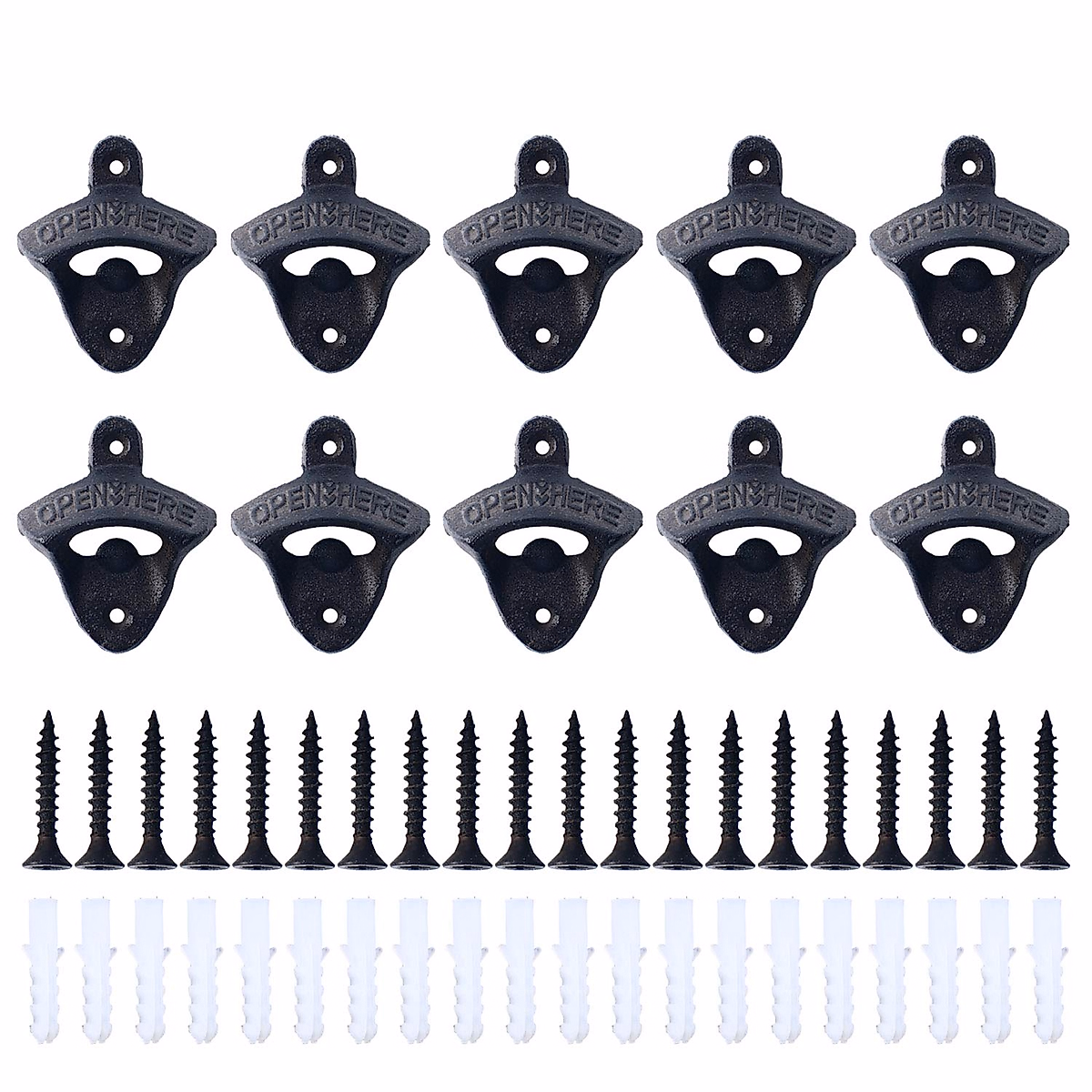 Homend 10pack Cast Iron Wall Mount Bottle Openers, Mounting Hardware Included, Vintage Rustic Bar(Wood Block is not Included)