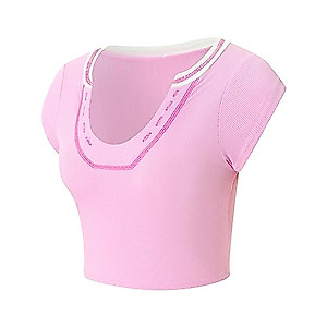 Women Y2K Going Out Crop Top Short Sleeve V Neck Ribbed Cropped T Shirt Casual Basic Fitted Baby Tees Streetwear A Pink