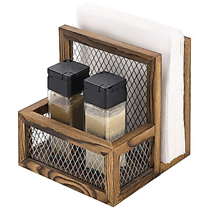 MyGift Rustic Burnt Solid Wood Farmhouse Napkin and Salt and Pepper Shaker Holder with Chicken Wire Side Panel Design, Kitchen Napkin Holder and Condiment Rack