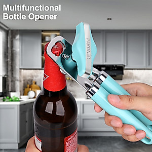 PAKITNER - Can Opener Manual, Safe Cut Heavy Duty Hand Can Opener with Magnetic Lifter, Stainless Steel with Sharp Blade Smooth Edge Can opener, Easy Big Turn Knob, with Bottle Opener, Aqua Sky