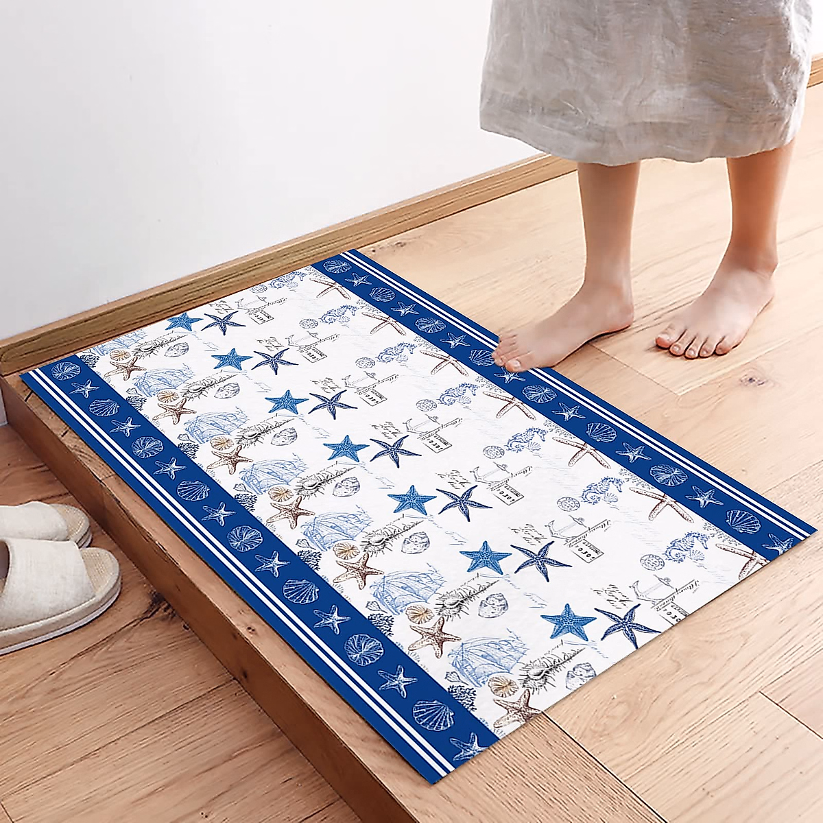 Door Mat for Bedroom Decor, Ocean Theme Blue Brown Seashell Starfish Coral and Vessel Floor Mats, Absorbent Rugs for Living Room, Non-Slip Bathroom Rugs Home Decor Kitchen Mat Area Rug 18x30 Inch