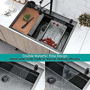 WMXQX 33 Inch Black Waterfall Kitchen Sink with Faucet Combo, 33x22 Waterfall Drop In Kitchen Sink Workstation 16 Gauge Stainless Steel Smart Double Waterfall Sink Single Bowl Kitchen Sink with Faucet