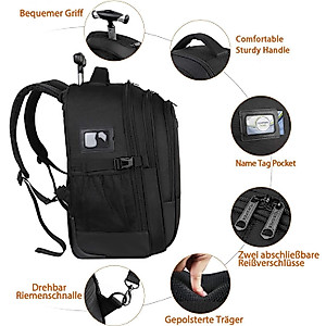 Backpack with Wheels, Large Rolling Backpack for Men Women, Water Resistant Business Travel Carry on Wheeled Backpack Bag, Durable Roller College School Computer Bookbag Fits 15.6 Inch Laptop, Black