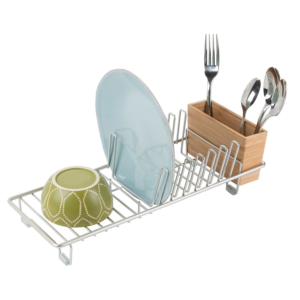 mDesign Compact Modern Kitchen Countertop, Sink Dish Drying Rack, Removable Cutlery Tray - Drain and Dry Wine Glasses, Bowls and Dishes - Metal Wire Drainer in Satin with Natural Bamboo Caddy
