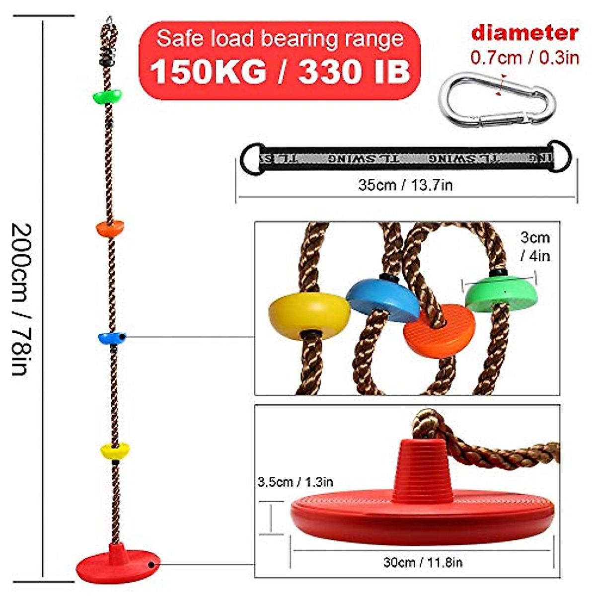 Unicam Climbing Rope Tree Swing for Kids with Platforms and Disc Swings Seat, Playground Swing Set, Outdoor Play Toys, Children Trees House Swing, with Carabiner and Strap Kit