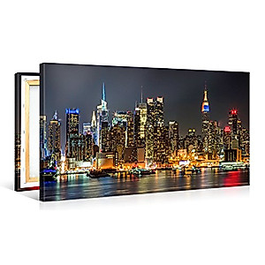 Picanova Illuminated Manhattan New York 100 x 50 cm - Premium Canvas Print - Art Print on 2 cm Wooden Stretcher Frame for Bedroom and Living Room Print on Canvas, Multi-Colour