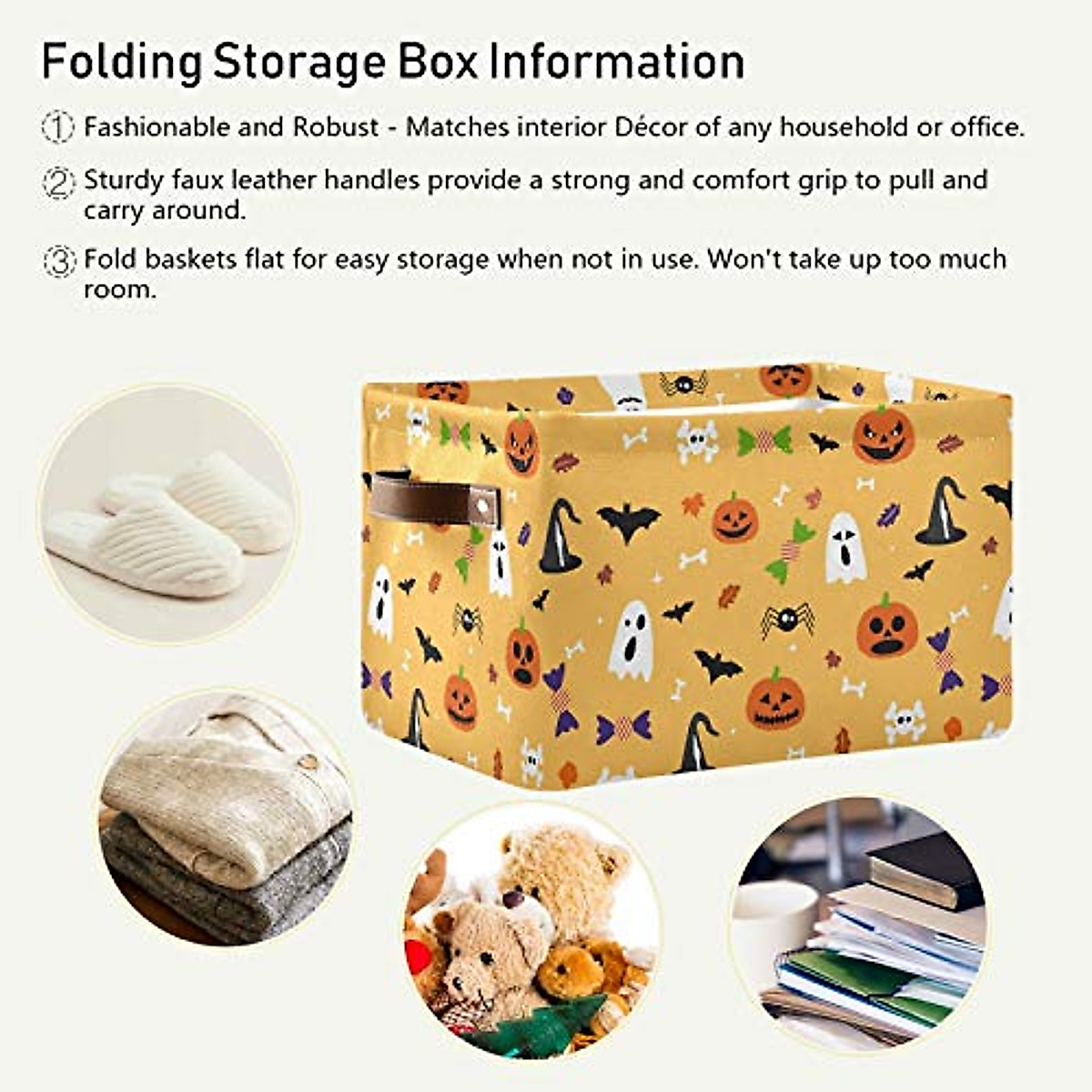 Qilmy Halloween Pumpkin Storage Basket Storage Bin Organizer Basket, Foldable Handmade Rectangular Storage Box with Handles - Large Organizer for Home, 15L x 11W x 9.5H in (1PC)