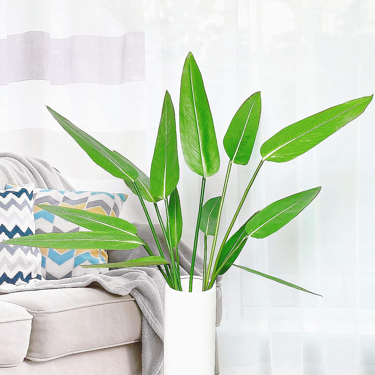 Artificial Tropical Palm Leaf Bush Greenery Plastic Faux Bird of Paradise Fake Eva Curcuma Plant Bundle with 7 Leaves for Home Garden Office Store Decoration (Green - Pack of 2 pcs)