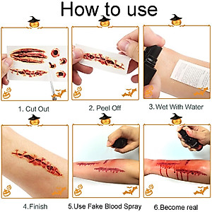 3D Fake Scars Halloween Makeup Kit,30 Sheets Scar Sticker 150PCS+Fake Blood Spray 1.76oz