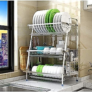 Plate Rack Dish Drainer Rack Kitchen Supplies Storage Draining with Chopsticks/Knives/Cutting Board Holder Drainboard Pan Plate Holder (Color : Silver, Size : 3-Tier)