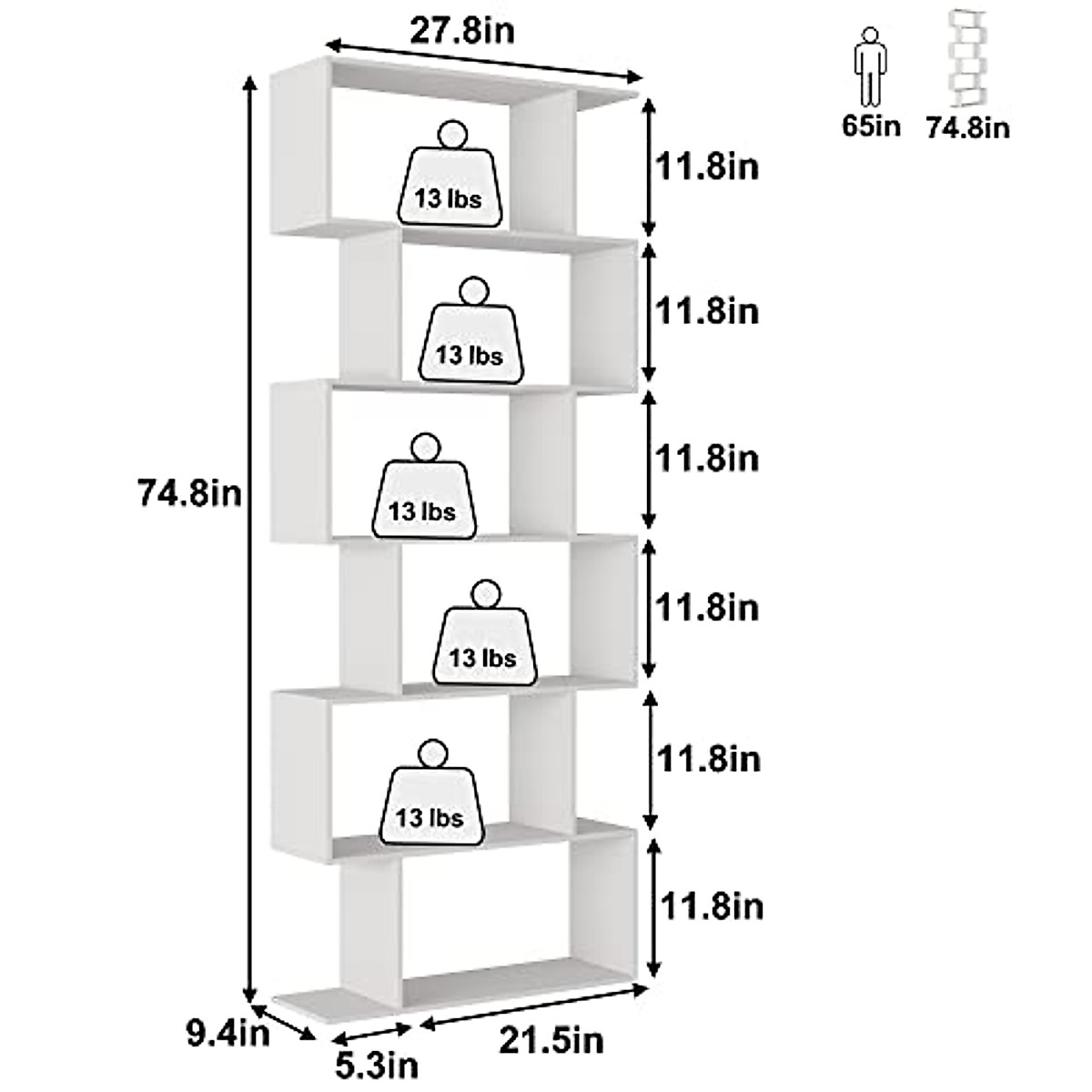 HOMEFORT Wooden Geometric Bookshelf,6-Tier S-Shaped Bookcase,6 Shelf Morden Bookshelves,Unique Freestanding Tall Book Shelf and Book Case for Bedroom and Living Room Home Office,White