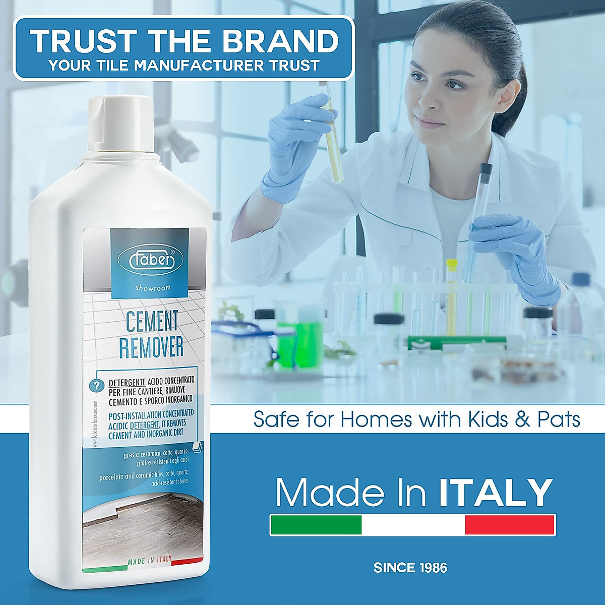 FABER Cement Remover for Tiles – Fast Acting Grout Haze Remover - Cement and Concrete Dissolver – 1 Liter Liquid - ECO Formula, Gentle Scent - Solvent Adhesives Remover & Efflorescence Remover