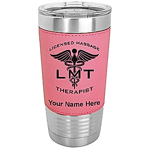 LaserGram 20oz Vacuum Insulated Tumbler Mug, LMT Licensed Massage Therapist, Personalized Engraving Included (Faux Leather, Pink)