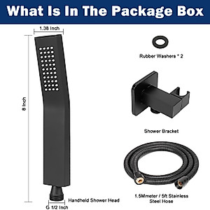 NearMoon Modern Square Style Brass Handheld Shower Head with 5ft Stainless Steel Hose, Matte Black, 2-Year Warranty