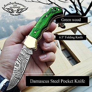 Best.Buy.Damascus1 Damascus pocket knife Green Wood knife Folding knife, Pocket Knife For Men, Pocket Knife 3Pcs Knife Set Come With knife sharpeners Premium Quality gifts for men