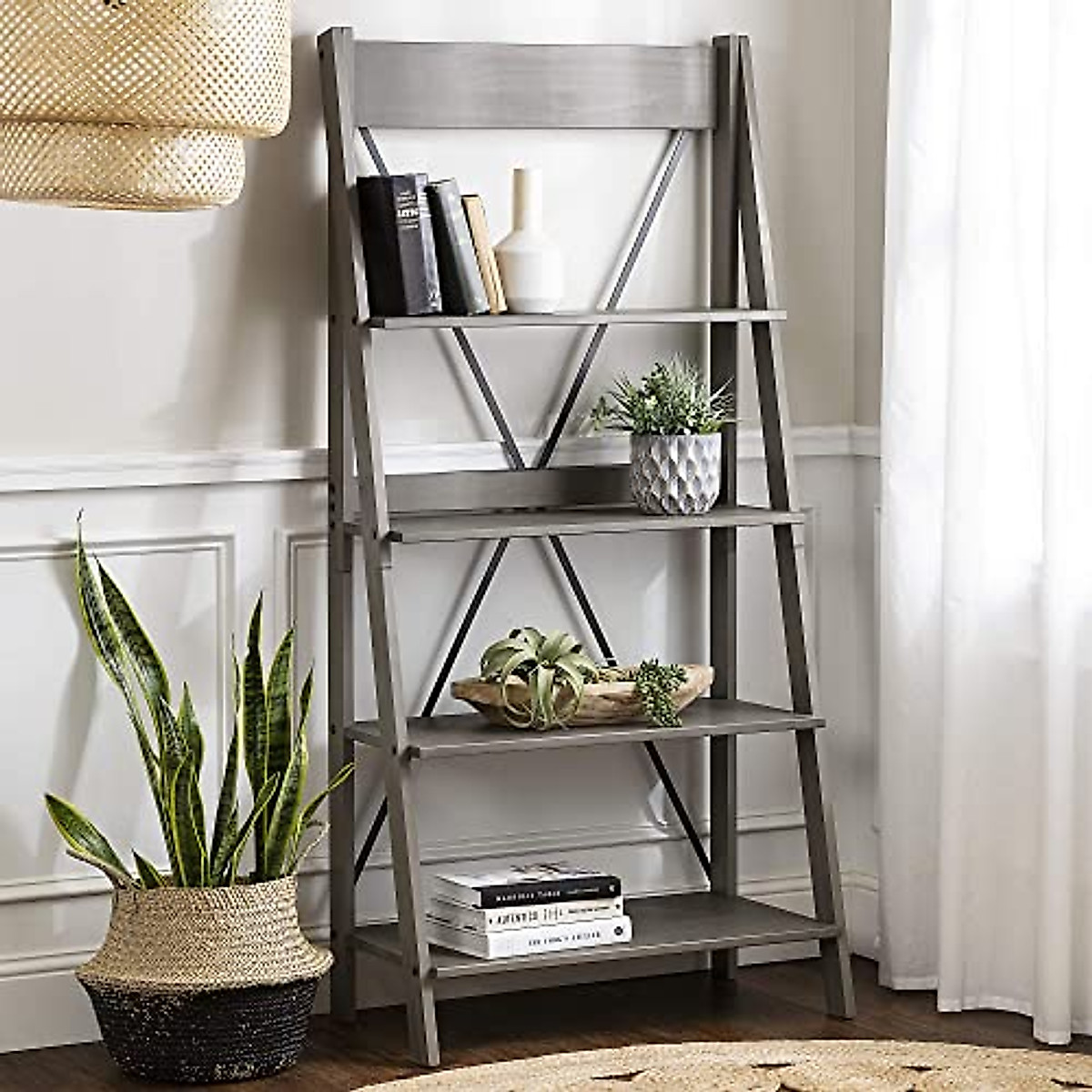 Walker Edison X Back Modern Farmhouse Wood Bookcase Bookshelf Home Office Living Room Storage, 4 Shelves, Grey