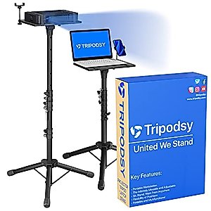 TRIPODSY Projector Tripod Stand with Adjustable Height 24-64 Inches, Standing Laptop Floor Riser, Portable Multifunctional Space Saver Desk for DJ, Outdoor Mobile Workstation for Studio, Home, Office