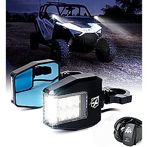 Xprite Aluminium UTV Side Rear View Mirrors fit 1.6"-2" Roll Cage Bar, LED Spot Light Blue Anti-Glare Lens for Polaris Pioneer RZR XP Can am Maverick X3 Kawasaki Teryx Mule, Yamaha Rhino Wolverine SXS