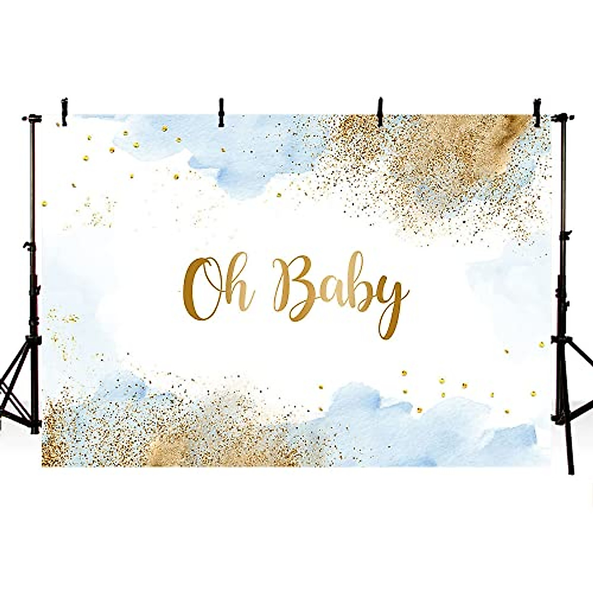 Sendy 7x5ft Oh Baby Backdrop for Boys Watercolor Pastel Photography Background Blue Clouds Gold Glitter Baby Shower Party Decorations Cake Table Banner Supplies Photo Studio Props
