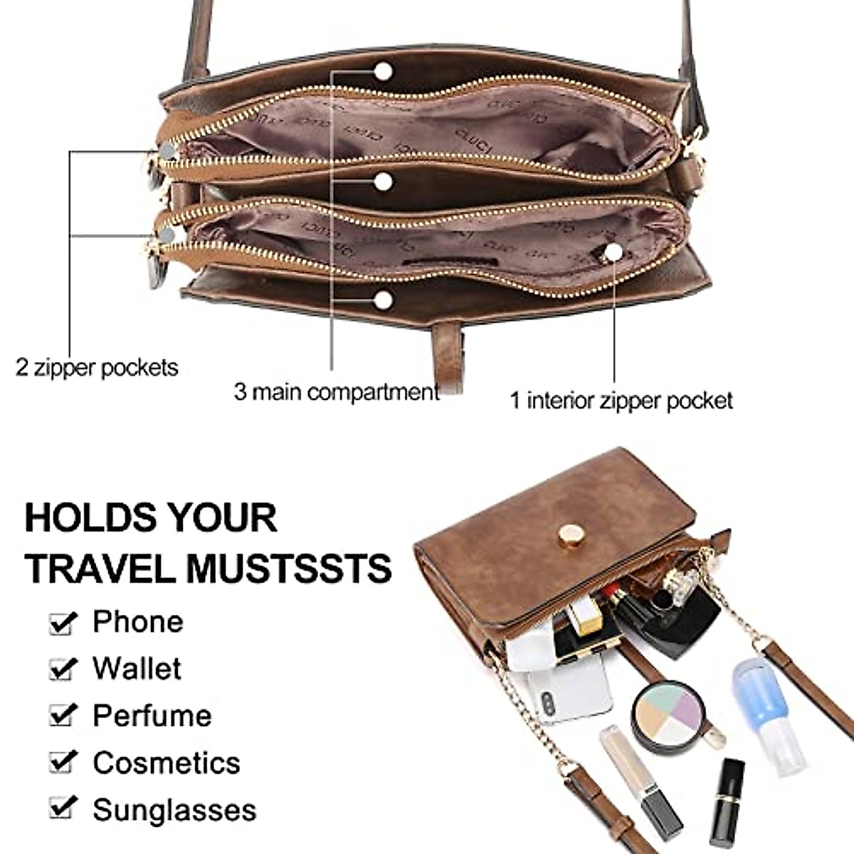 CLUCI Leather Crossbody Bags for Women Small Vintage Shoulder Purses Travel Bag Adjustable Strap Two-Tone Brown