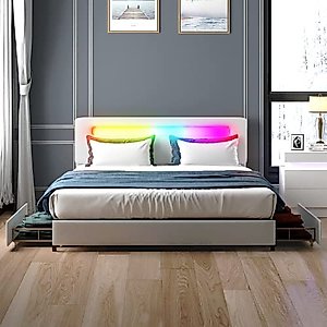 Mixoy Full Size RGB LED Bed Frame, Platform Bed Frame with 4 Storage Drawers & Headboard by App Control, Music Sync Color Changing Lights, Compatible with Alexa, No Box Spring Needed(Full, White)