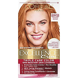 L'Oreal Paris Excellence Creme Permanent Triple Care Hair Color, 8RB Medium Reddish Blonde, Gray Coverage For Up to 8 Weeks, All Hair Types, Pack of 1