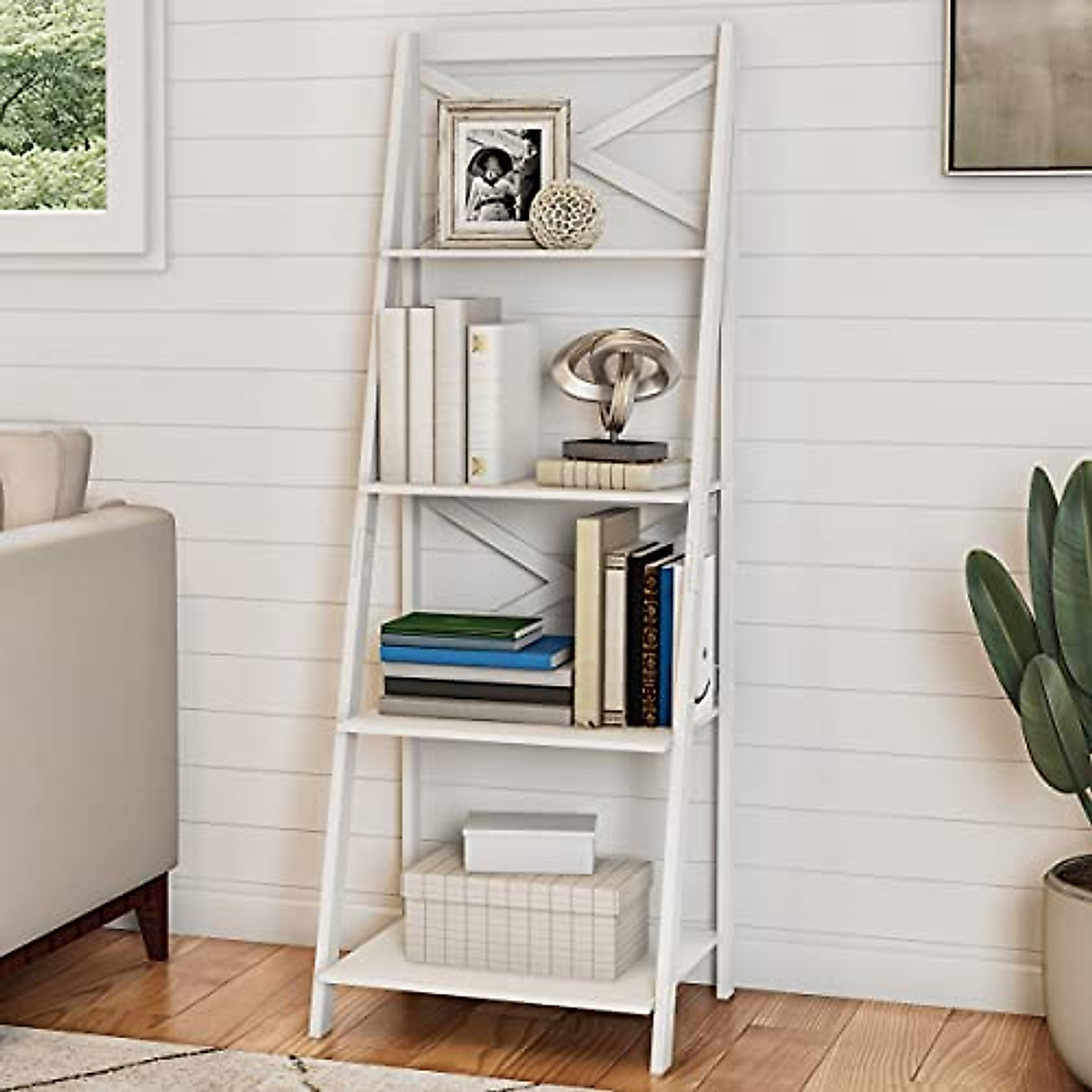 Lavish Home 4-Tier Ladder Bookshelf – Freestanding Wooden Bookcase – X-Back Frame and Leaning Look Decorative Shelves for Home and Office (White) Set of 1
