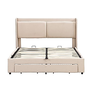 BOVZA Queen Size Lift Upholstered Platform 2 Drawers, Modern Wingback Headboard, Hydraulic Storage Bed Frame, Linen Beige