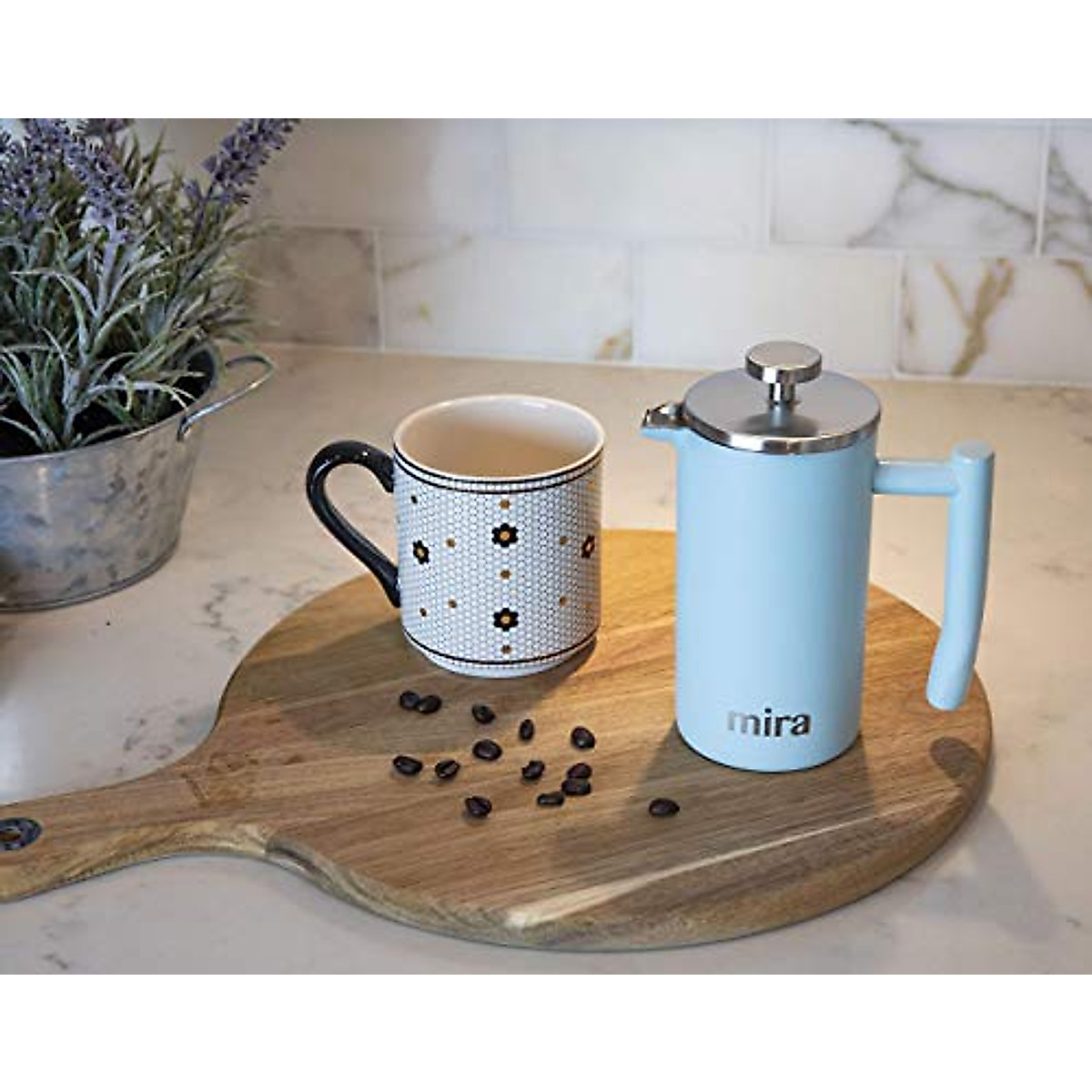 MIRA Coffee Lover Bundle with 12oz Insulated French Press (Pearl Blue) and 12oz Insulated Travel Mug (Pearl Blue)