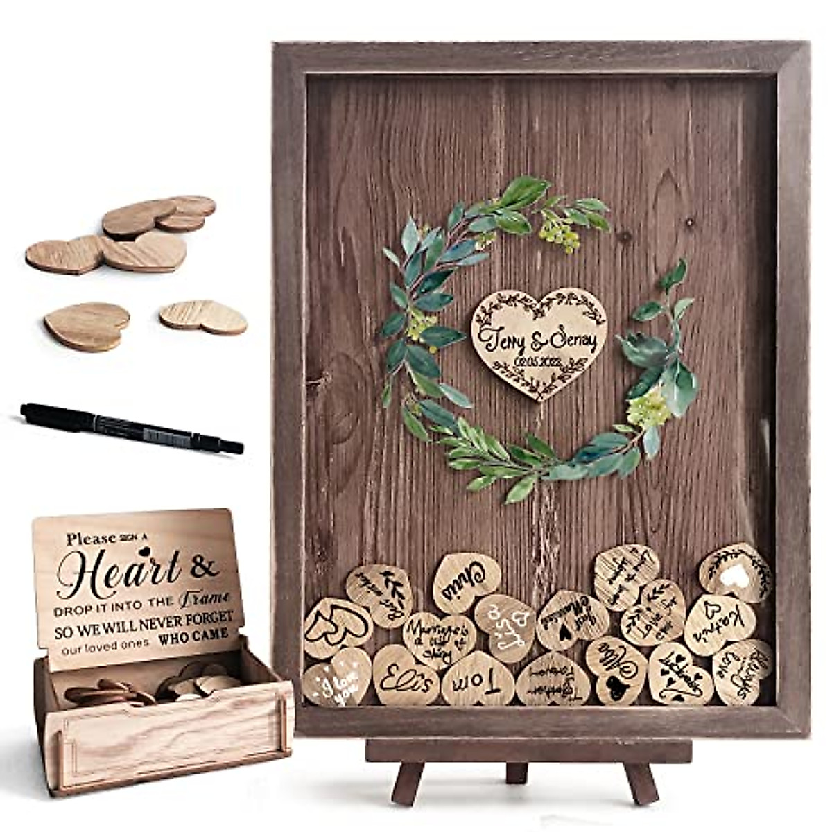 Y&K Homish Wedding Guest Book Alternative, Rustic Wedding Decorations for Reception, Favors for Guests 80 Hearts Green Wreath (Rustic Brown)