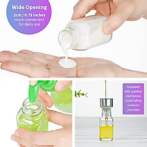 Syntic Clear Reusable Ginger Shot Bottles with Caps - 8 Pack 2 oz Small Square Glass Jars with 8 Sealed Conical Inner Caps & 8 Airtight Lids, Wide Mouth Juice bottles for Fridge, Extra Sticker, Funnel