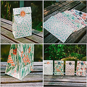 Elwish Floral Paper Gift Bags, 12pcs Party Favor Bags Vintage CandyTreat Bags with Thank You Stickers