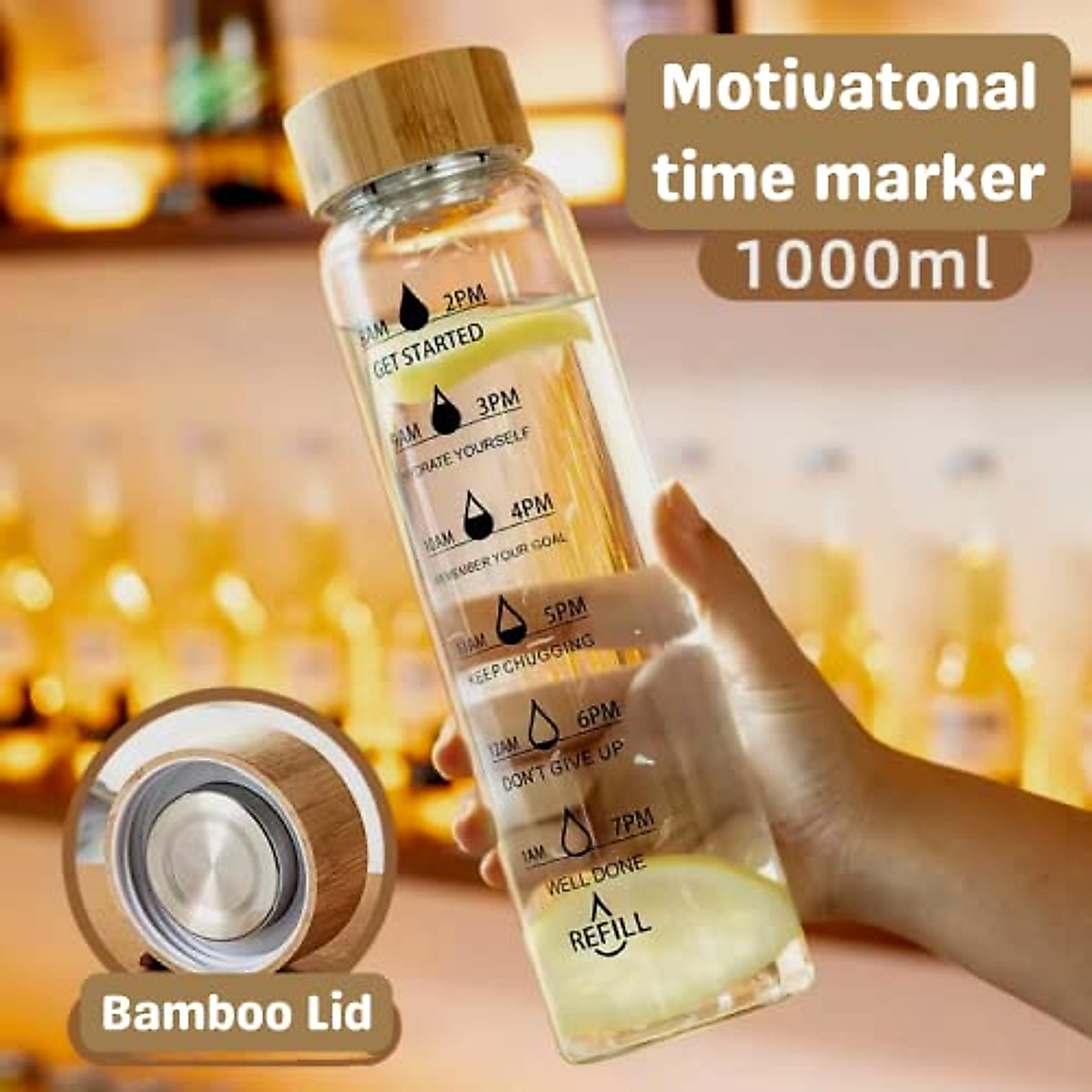 HOLABEAR 32oz Glass Motivational Daily Water Intake Bottle with Time Marker, Leakproof Bamboo Lid and Holder Sleeves, for Hot and Cold Drinks, Clear Reusable BPA Free
