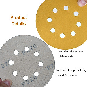 Aiyard 5-Inch 8-Hole Hook and Loop Sanding Discs 220-Grit Random Orbit Sandpaper, 100-Pack