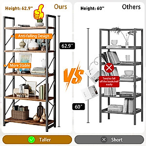 Walsunny Bookshelf, 5 Tier Bookshelves, Home Office Bookcase Shelf Storage Organizer, Free Standing Storage Shelving Unit for Bedroom, Living Room and Home Office,Rustic Brown