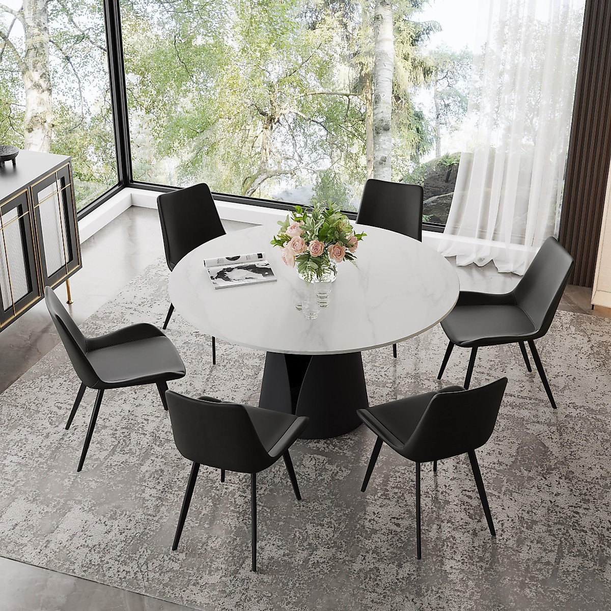POVISON Round Dining Table for 6, Modern Dining Table 59" Dining Table Round Sintered Stone Top with Solid Black Carbon Steel Base, White Dining Table for Dining Room, Dining Table Only