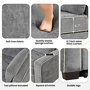 P PURLOVE Upholstered Modern Sofa Bed with Armrest, Convertible Sofa Couch with Adjustable Backrest and Dual USB Charging Port, Sleeper Bed for Living Room, Bedroom, Office, Charcoal Gray
