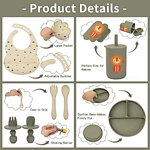 LITTLE RAWR Silicone Baby Feeding Set, Baby Led Weaning Supplies, Baby Spoons Suction Divided Plate Bib Cup, First Stage Solid Food Eating Utensils - 6+ Months(Green-Beige)