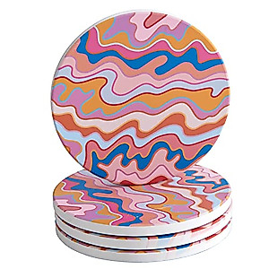 RoomTalks Retro Groovy Colorful Coasters for Drink Absorbent 4pcs, Psychedelic Stripe Abstract Art Ceramic Coaster Set for Wooden Coffee Table with Cork Base, Tabletop Protection, Housewarming Gift