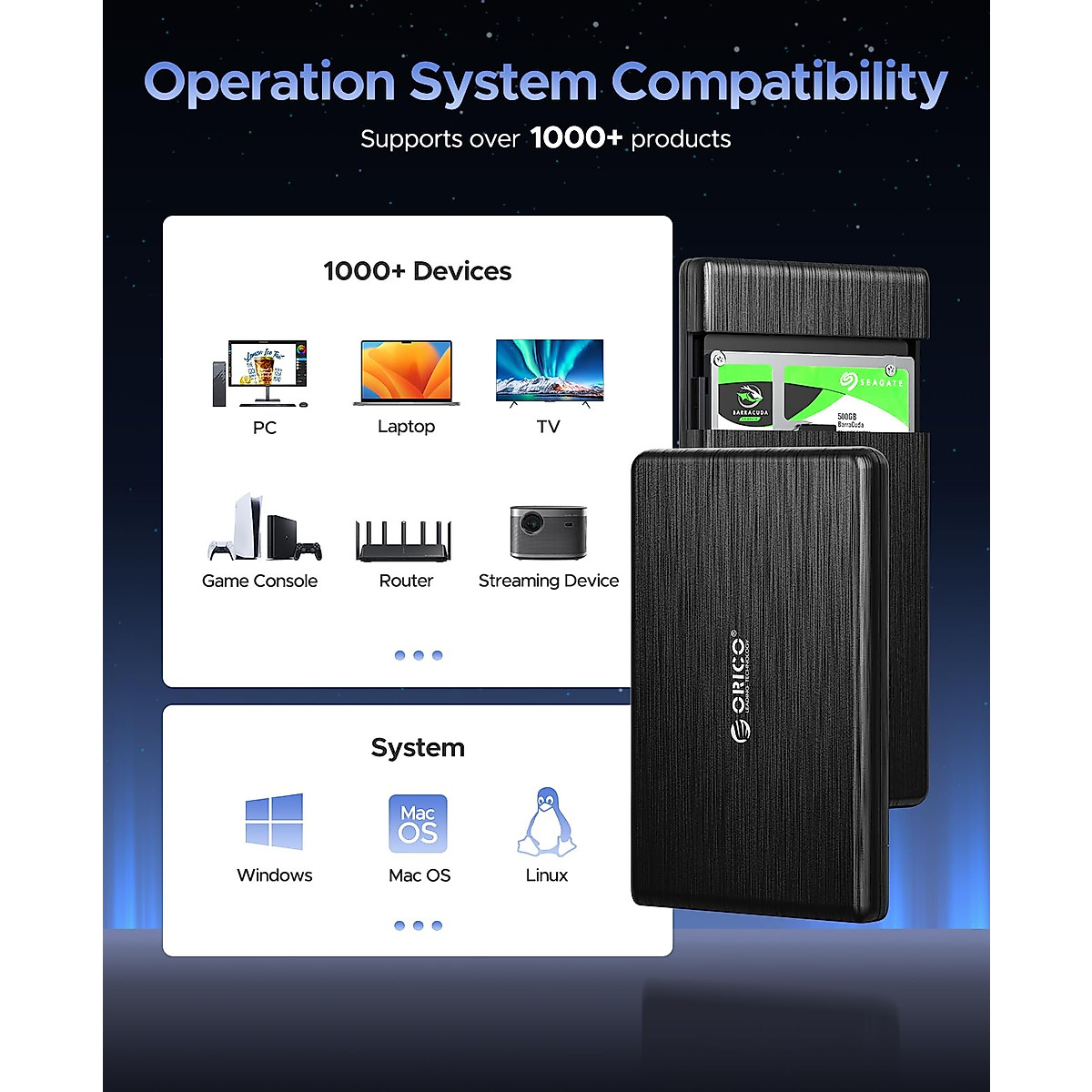 ORICO USB 3.0 to SATA III 2.5" External Hard Drive Enclosure for 2.5 Inch 7mm-9.5mm SATA HDD/SSD Tool Free [UASP Supported],Black(2189U3)