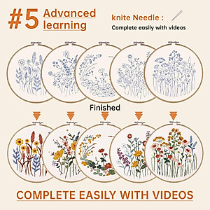 CYANFOUR 5 Pack Beginner Embroidery Kit for Adults, Easy to Learn Floral Embroidery Patterns from Video & Instruction, Needlepoint Kits for Adults Include Embroidery Hoop, Colorful Threads, Tools