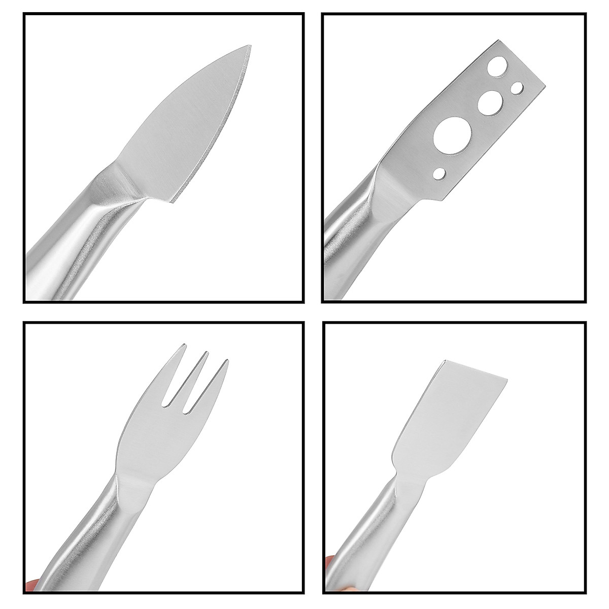 Internet's Best 4 Piece Stainless Steel Cheese Set - Slicer Cutter Knife Fork for Hard Soft Crumble Cheeses - Shaver Spreader Tools
