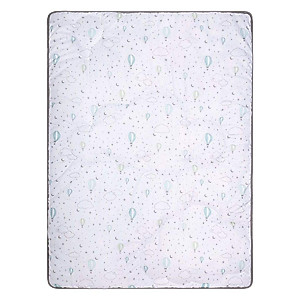 TRP 4 Piece Multi Color Whimsical Starry Cloudy Sky Crib Bedding Set, Beautiful All Over Clouds Stars Hot Air Balloons Grey Green Blue Hues Soft White Plush Fabric Cozy Comfy Nursery Decor