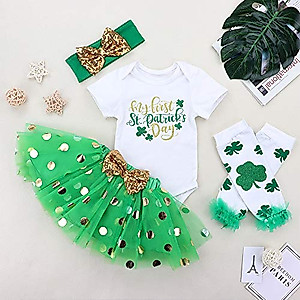 KANGKANG St Patricks Day Baby Girl Outfit 6-9 months My First St Patricks Day baby girl outfit Romper + Green Lace skirt + Socks + Headband 4Pcs Spring Set