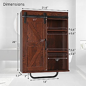 LUCKWIND Bathroom Farmhouse Medicine Cabinet with Sliding Barn Door, Retro Rustic Brown Wall Mounted Bathroom Cabinet w/Removable Towel Bar,Spaces Saving Storage Cabinet for Bathroom,Kitchen,Entryway