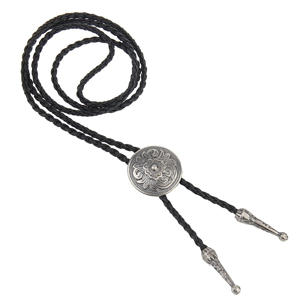 GelConnie Bolo Tie for Men Women Western Cowboy Necklace Mens Bolo Tie Silver Flower Rodeo Leather Necktie Bolo Necklace