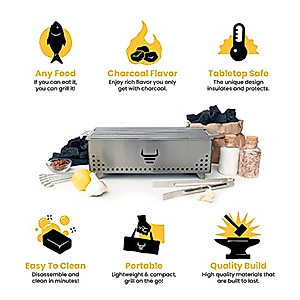 YAK Grills Hibachi Charcoal Grill - Easy to Use Charcoal Grill - Outdoor Tabletop Safe - Great for Travel, Camping, Patio, Balcony - Made from Stainless Steel - Operates Up to 750ºF - 5 Yr Warranty - Brushed Steel