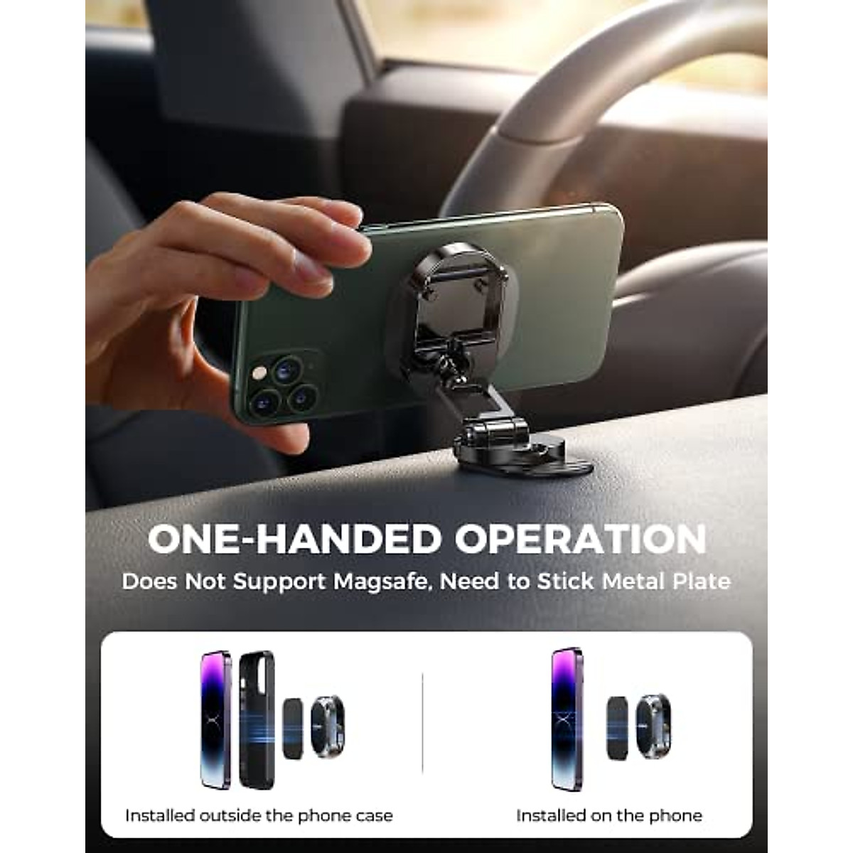 Anwas Magnetic Car Phone Holder Mount Alloy Folding Magnetic Car Phone Holder for Car Dashboard, 360° Adjustable Hands Free Car Phone Holder Mount Fit All iPhones, Samsung, etc