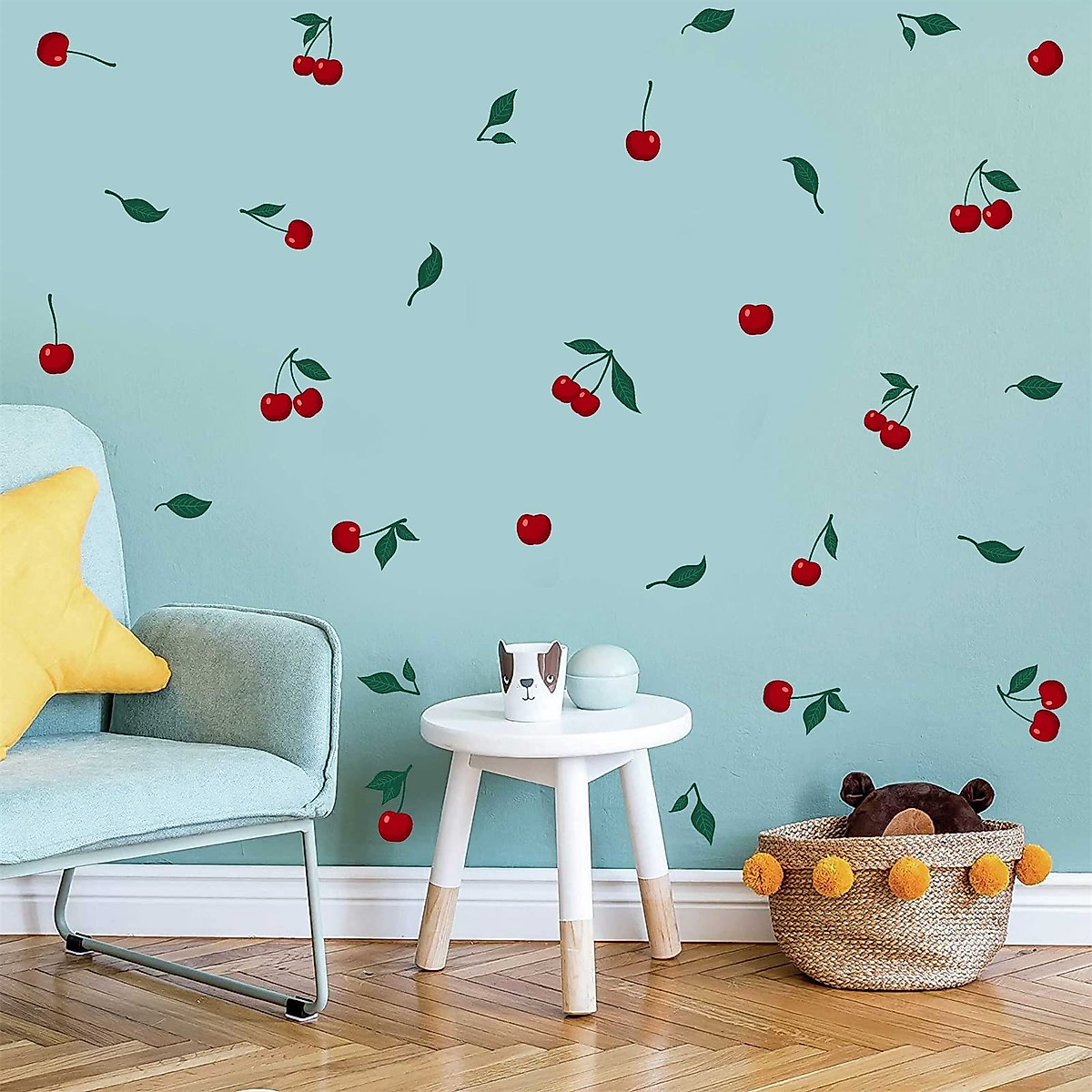Cherry Wall Decal Fruit Wall Decals Peel and Stick Kitchen Wall Decals Cherries Green Leaf Wall Stickers Cherry Fruit Wall Stickers for Living Room Bedroom Nursery Decor